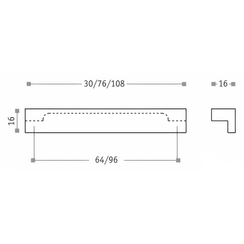 Puxador atual, barra rectangular L Sofima 800, zamak cromado mate, 1 furo, P.16 x A.16 x C.30 mm