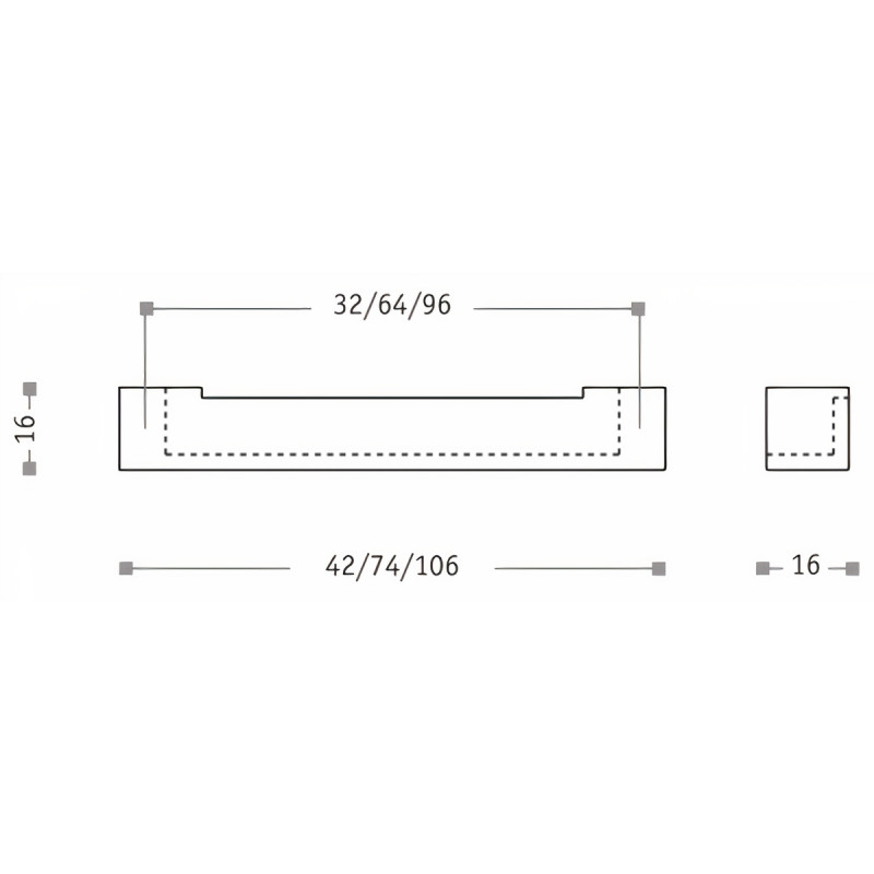 Puxador atual, barra rectangular quadrado concha Sofima 791, zamak cromado mate, 2 furos ...
